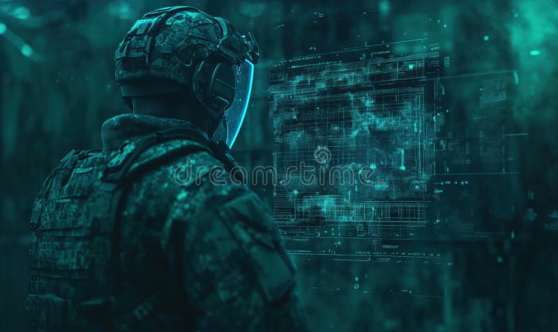 Soldier Analyzing Data in Futuristic Environment, High-tech Interface ...