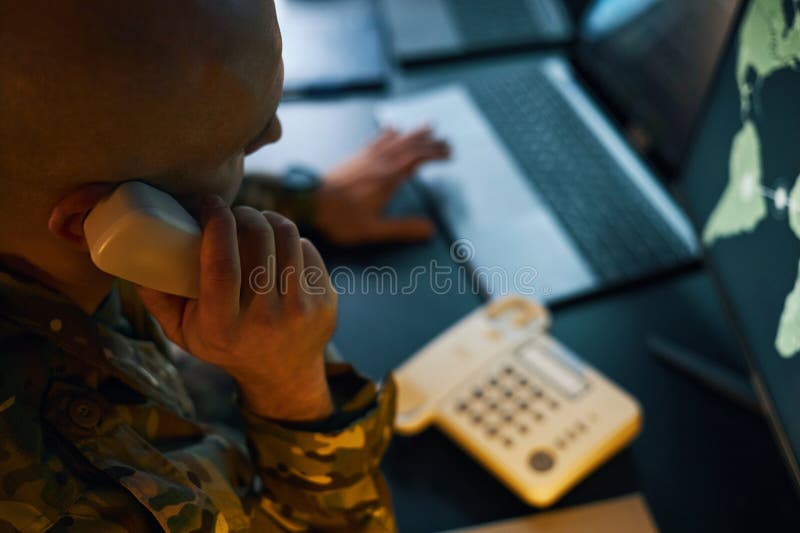 Soldier Analyzing Data Multiple Computer Screens Stock Photos - Free ...