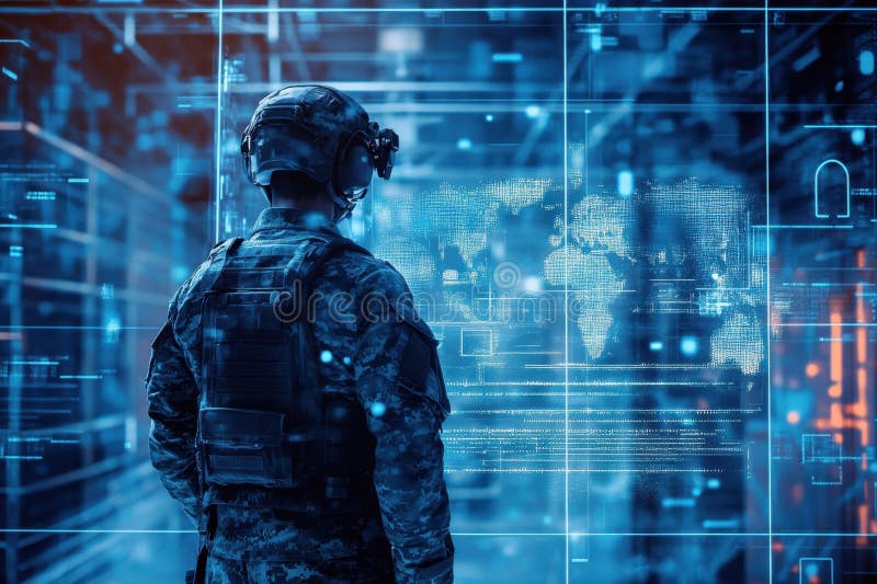 Soldier Analyzing Digital Maps and Data in a High-tech Military ...