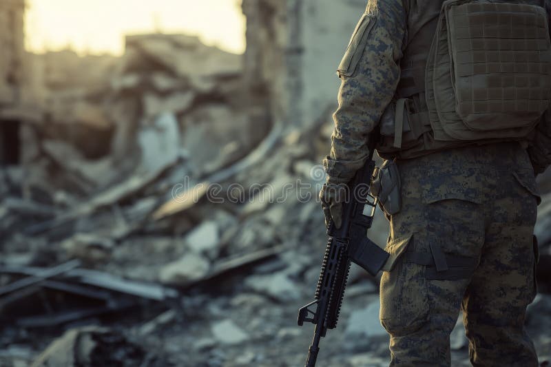 Soldier Holding Rifle Standing Guard Amidst Rubble of Destroyed City ...