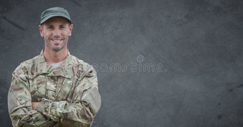 Soldier Arms Folded Against Grey Background with Grunge Overlay Stock ...