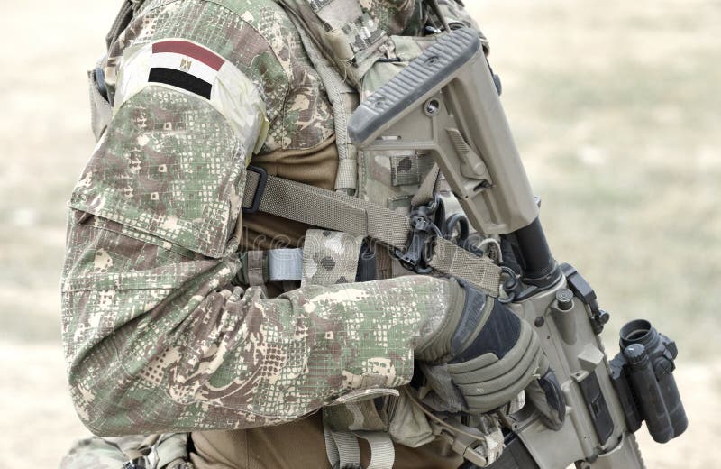 Soldier with Assault Rifle and Flag of Egypt on Military Uniform ...