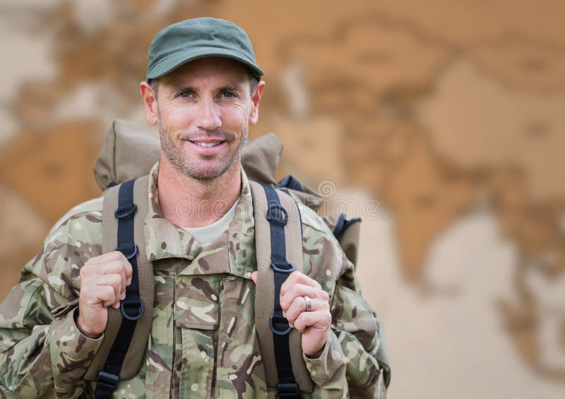 Soldier with Backpack Saluting Against Blurry Brown Map and Red Overlay ...