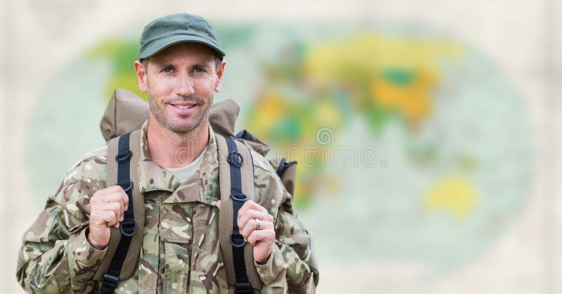 Soldier with Backpack Against Blurry Map Stock Image - Image of diagram ...