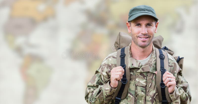 Soldier with Backpack Against Blurry Map Stock Image - Image of ...