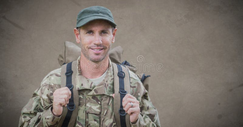 Soldier with Backpack Against Brown Background with Grunge Overlay ...