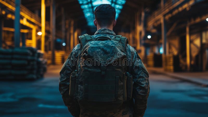 Soldier with Backpack Walking through an Industrial Urban Environment ...