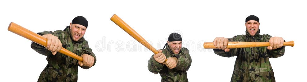The Soldier with Baseball Bat on White Stock Image - Image of military ...