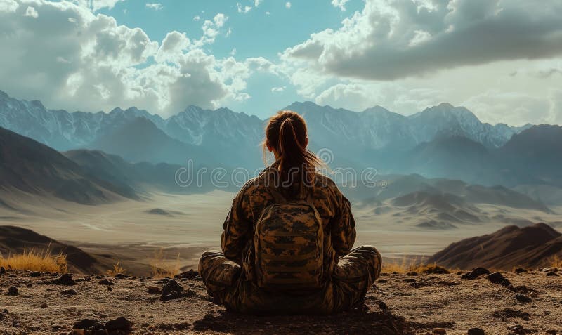 Soldier in Camouflage Contemplating Mountain Landscape during Sunset ...