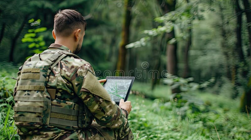 A Soldier in Camouflage Gear Sits in a Forest, Using a Digital Map on a ...