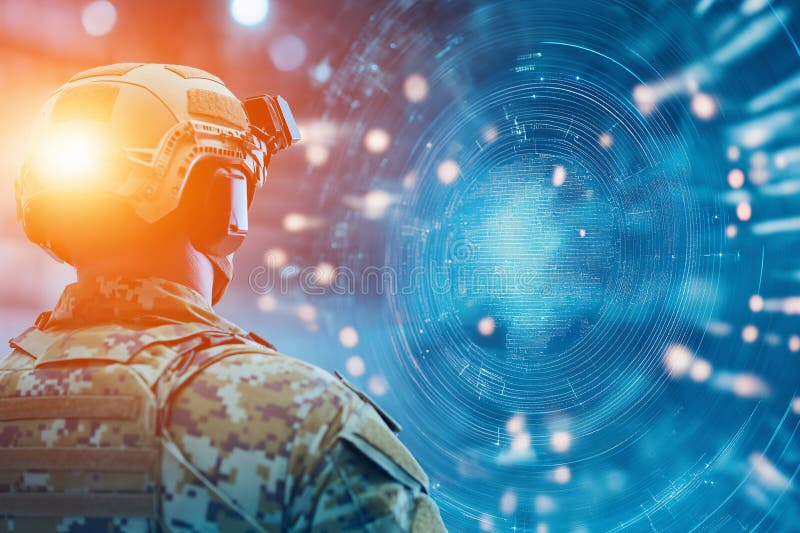 Soldier in Camouflage Uniform Facing Futuristic Technology Interface AI ...