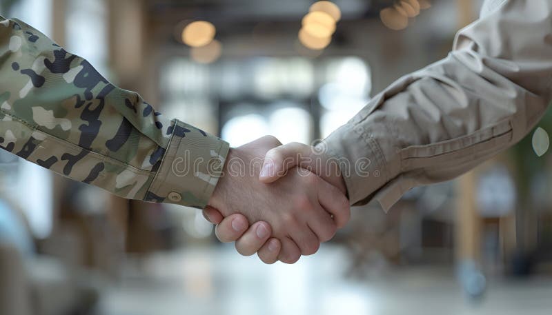 Soldier and Civilian Shaking Hands on Blurred Background Stock Image ...