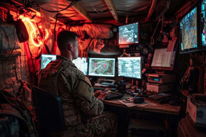 Soldier Command Operating at Control Panel in Monitoring War Room on ...