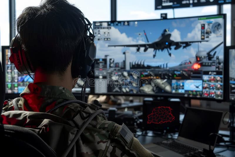 Soldier Command Operating at Control Panel in Monitoring War Room on ...