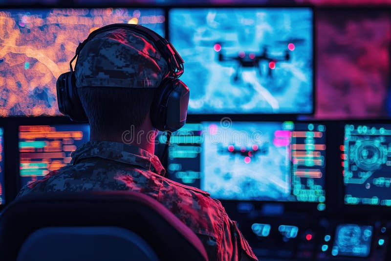Soldier Command Operating at Control Panel in Monitoring War Room on ...