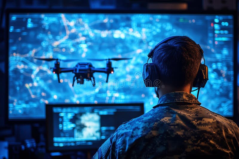 Soldier Command Operating at Control Panel in Monitoring War Room on ...