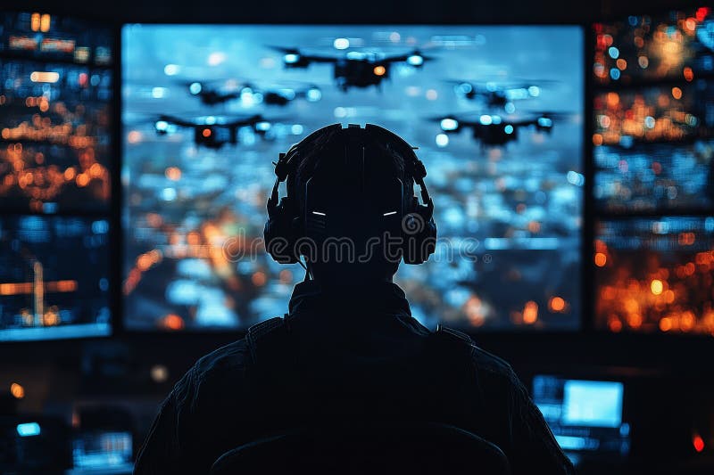 Soldier Command Operating at Control Panel in Monitoring War Room on ...