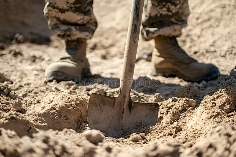 Soldier Digging Hole with Shovel in Sand Outdoors Stock Image - Image ...