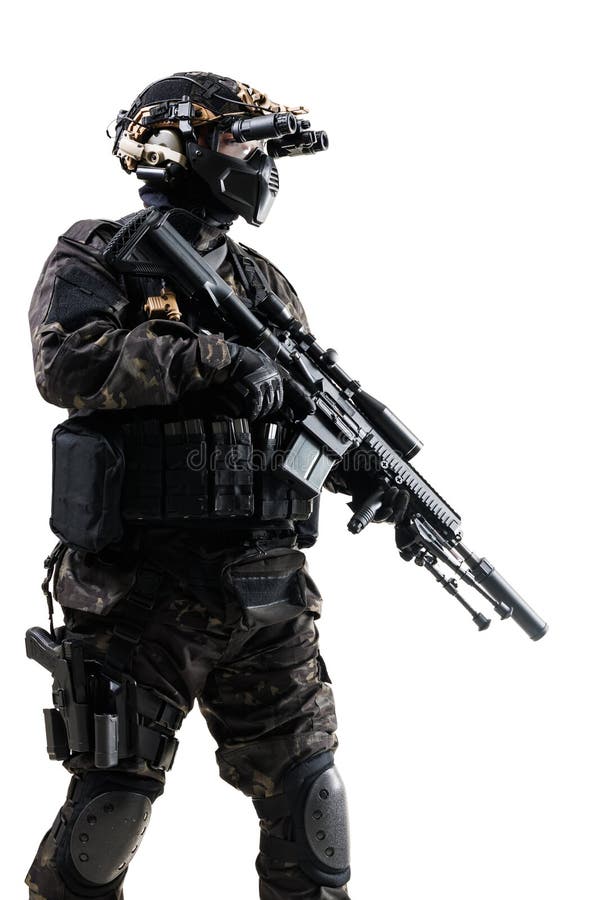 Special Forces Soldier in Tactical Gear with Weapon Ready for Mission ...