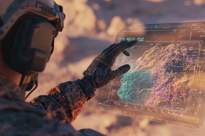 Soldier Engages with Advanced Holographic Map for Terrain Analysis ...