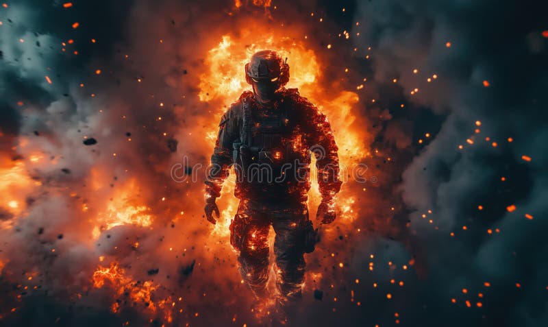 Soldier Engulfed in Flames, Dramatic Explosion Backdrop, Intense ...