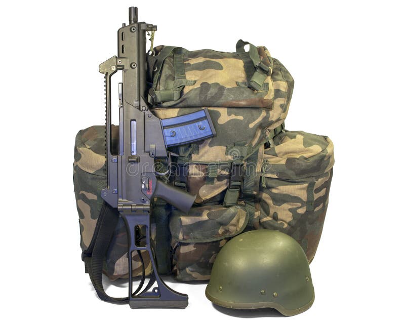 Soldier Equipment: Weapon, Backpack, Helmet Stock Photo - Image of ...