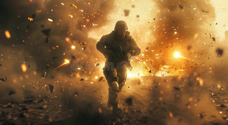 Soldier Escaping Devastating Explosion in Intense Combat Zone Action ...