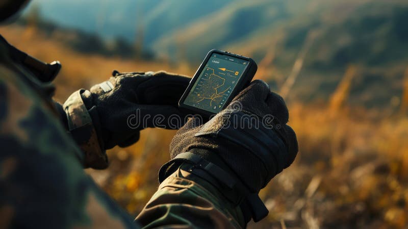 Soldier Examines Wrist Device for Coordinates in a Rugged Landscape ...