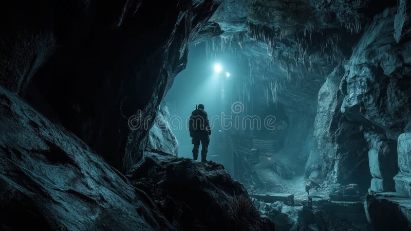 Soldier Exploring Icy Cave with Artificial Light Source Stock Photo ...