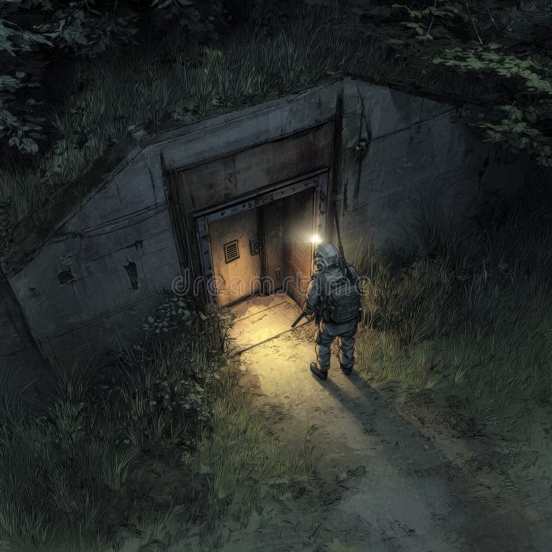 Soldier Exploring Underground Bunker Stock Illustration - Illustration ...
