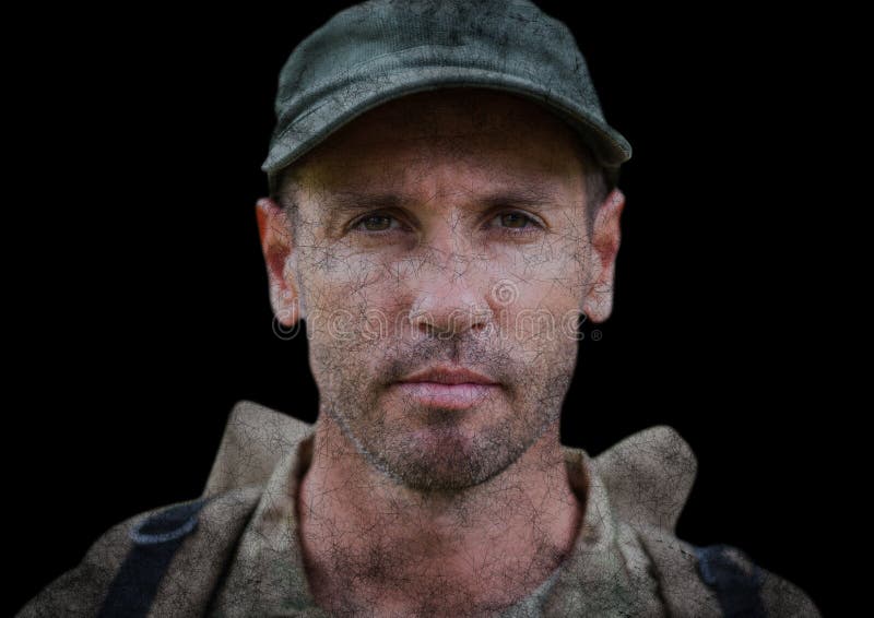 Soldier Face Against Black Background and Grunge Overlay Stock Image ...