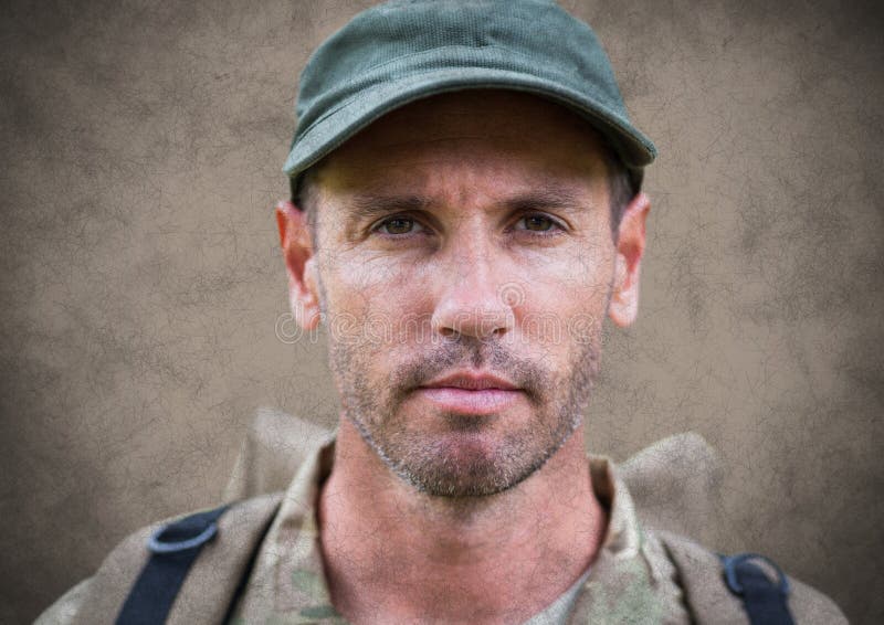 Soldier Face Against Black Background with Interface and Grunge Overlay ...