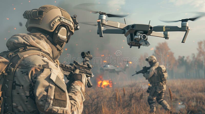 A Soldier in a Field, Strategically Setting Up Drones for Combat in an ...