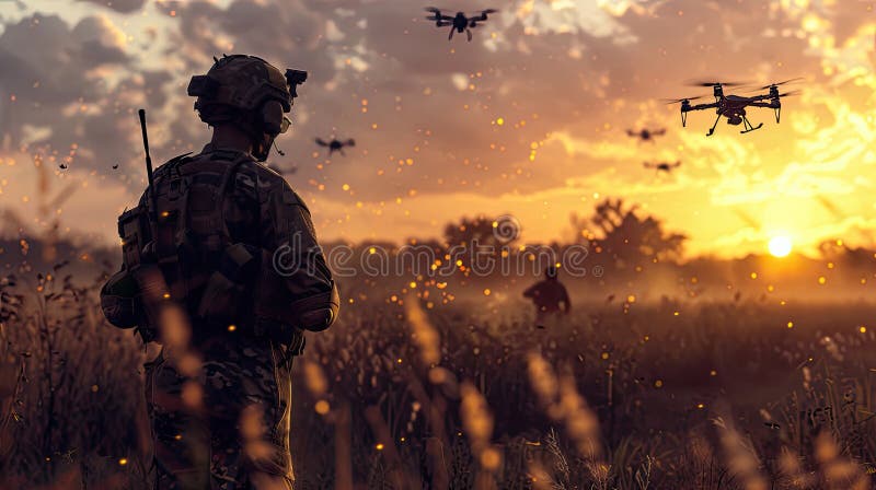A Soldier in a Field, Strategically Setting Up Drones for Combat in an ...