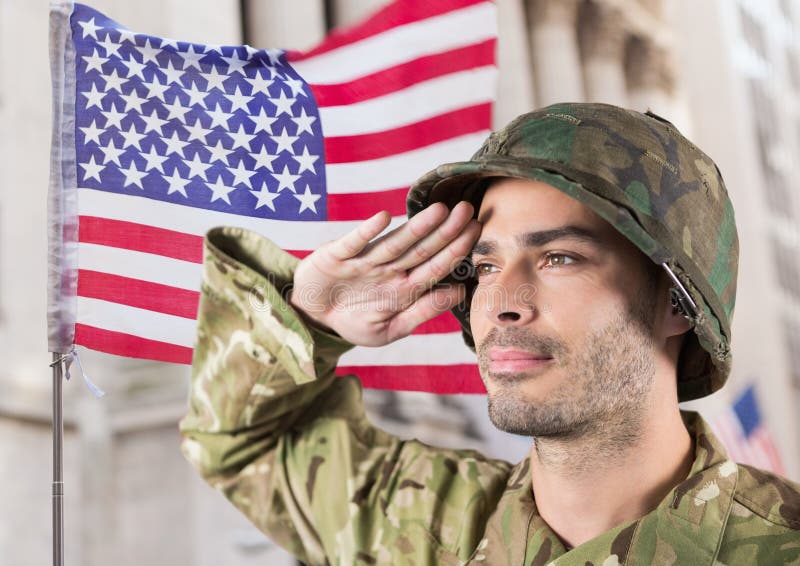 Soldier in Front of Building with Usa Flag Behind/ Saluting Stock Image ...