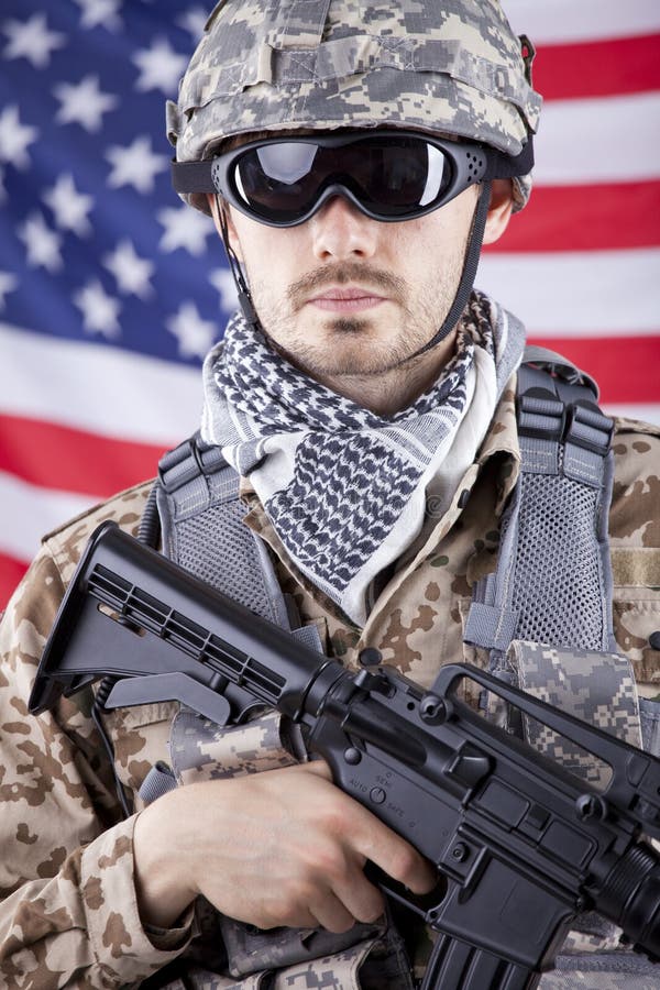Soldier with Gun Over American Flag Stock Image - Image of danger ...