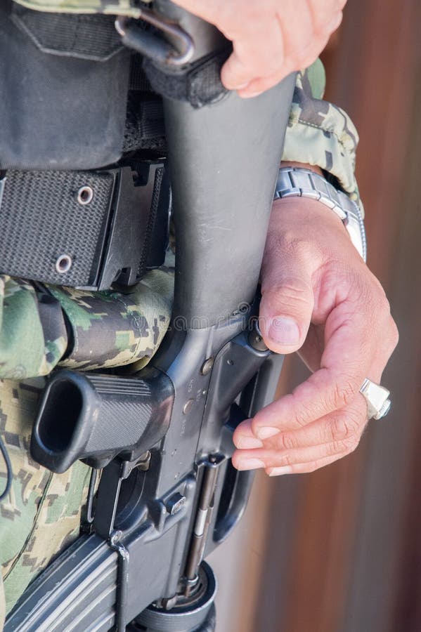 Soldier Hands Holding Machine Gun Stock Image - Image of background ...