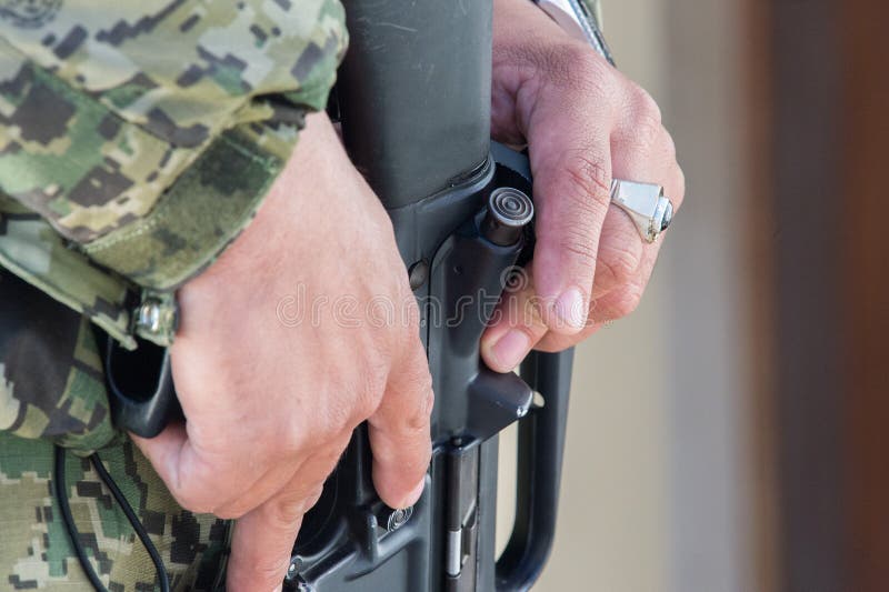 Soldier Hands Holding Machine Gun Stock Image - Image of holding ...
