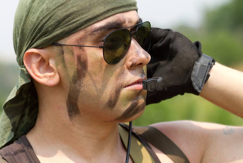 Soldier in a Headset Talking Stock Image - Image of protective ...
