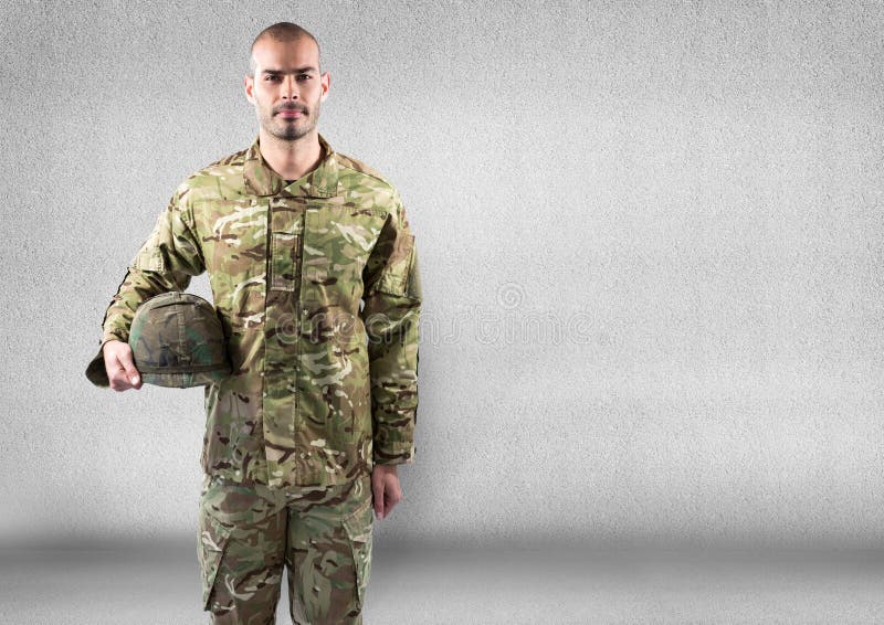 Soldier with Helmet on the Hand. Concrete Room Stock Image - Image of ...