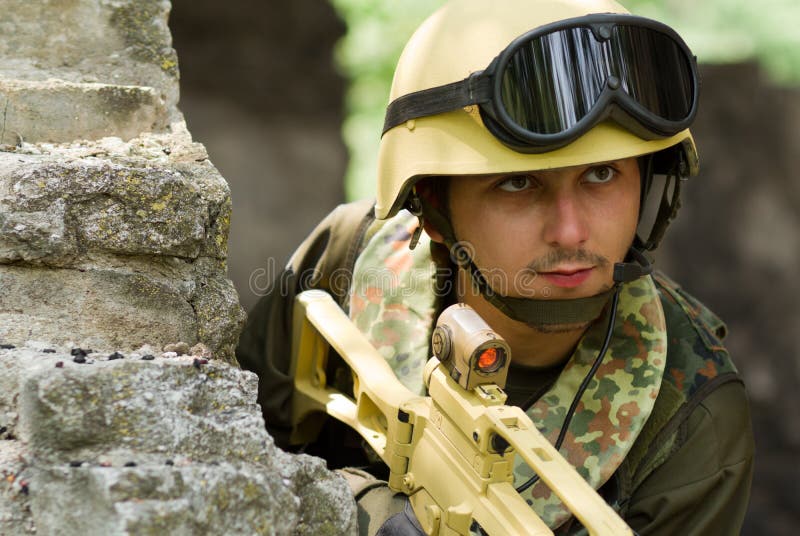 Soldier in Helmet with Headset Stock Photo - Image of helmet, army ...