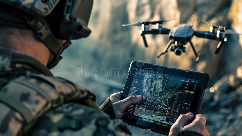 A Soldier Hold Tablet in the Field, Operating Drones. Stock Image ...