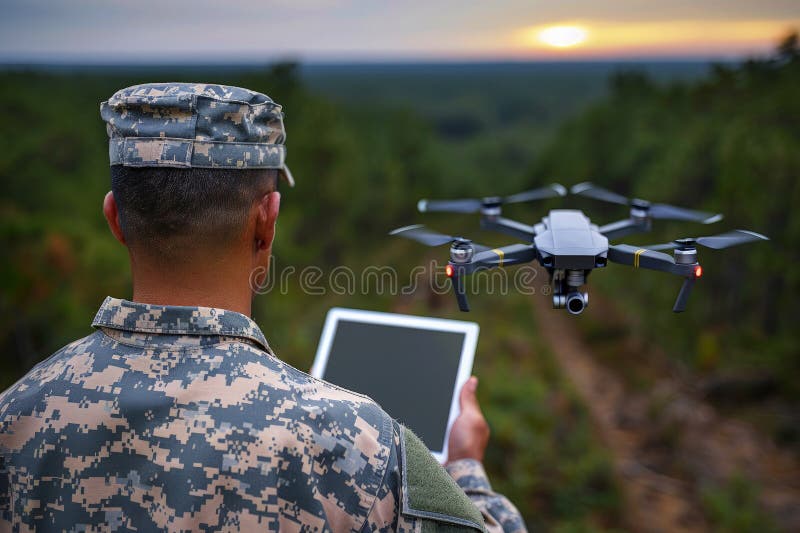 A Soldier Hold Tablet in the Field, Operating Drones. Stock Image ...