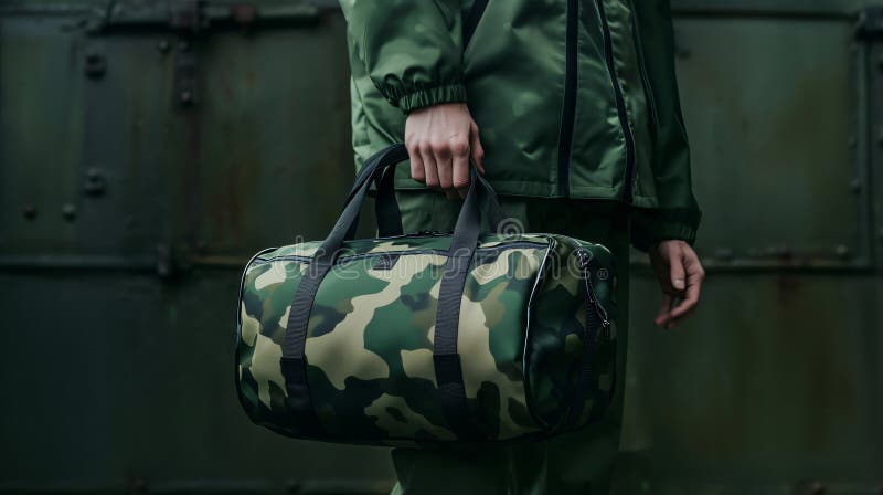Soldier Holding Camouflage Travel Bag in Front of Metallic Wall Stock ...