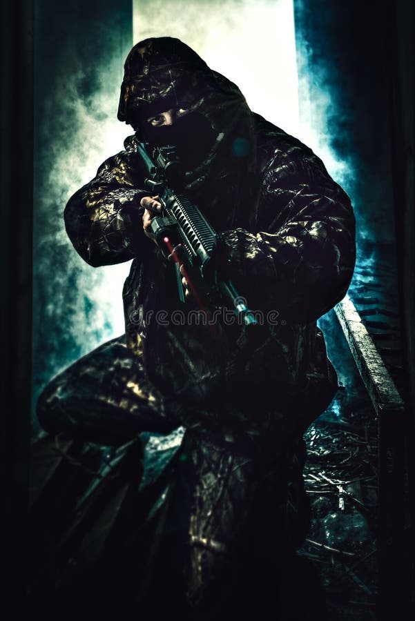 Soldier Holding His Rifle with Laser Turned on Stock Photo - Image of ...