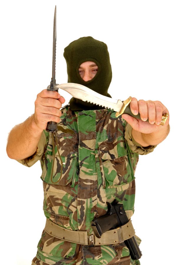 Soldier with a Knife Cut a Wooden Stick Stock Image - Image of green ...