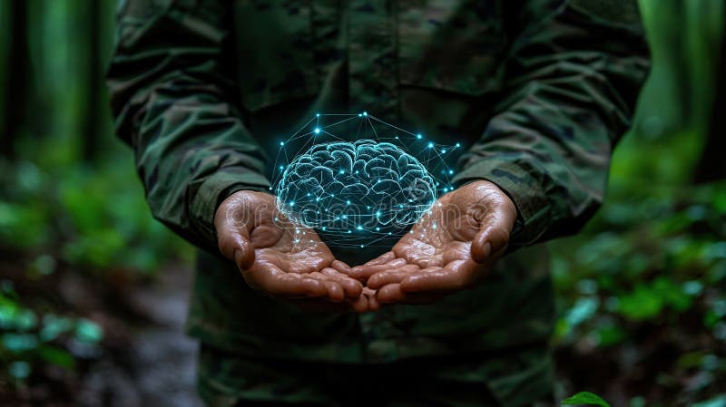 Soldier Holds Digital Brain, Forest Background, Military Tech Concept ...