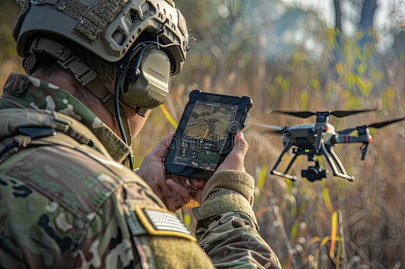 A Soldier Inside a Helicopter, Using a Tablet To Control the Flight or ...