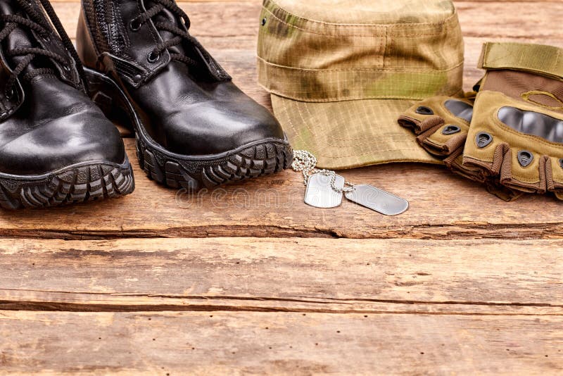 Soldier items on wood. stock photo. Image of fabric - 117598438