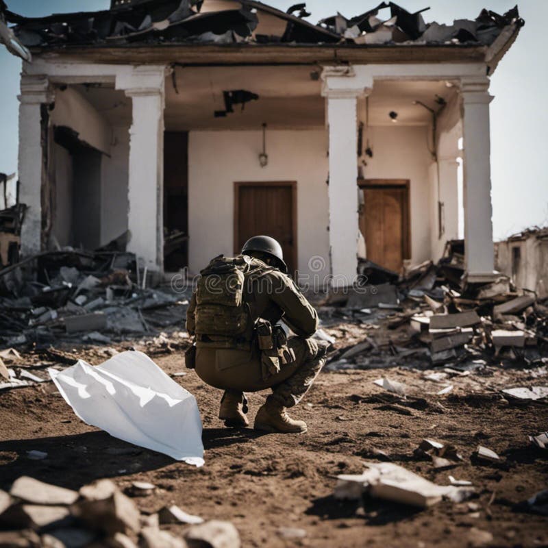 A Soldier is Kneeling Down in Front of a Dilapidated Building Stock ...